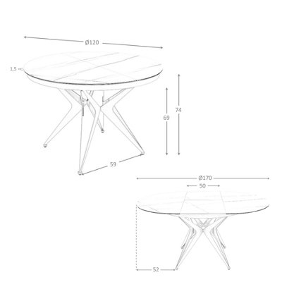 Stylish Round Extendable Dining Table in Porcelain Marble and Grey Steel