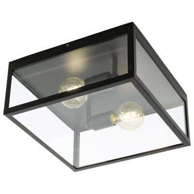 Stylish Semi Flush Ceiling Light in Black Steel and Glass for E27 Bulbs