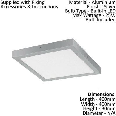 Stylish Silver 400mm Square LED Ceiling and Wall Light - 25W 3000K