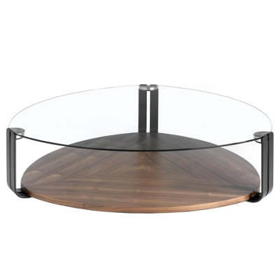 Stylish Triangular Coffee Table with Glass Top and Walnut Base