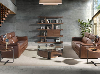 Stylish Triangular Coffee Table with Glass Top and Walnut Base
