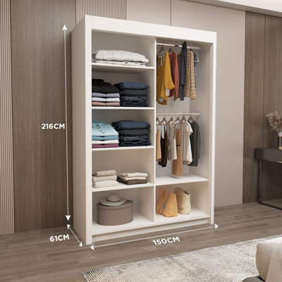 Stylish Venice Bedroom Wardrobe with Double Sliding Doors ( White , 150 ...