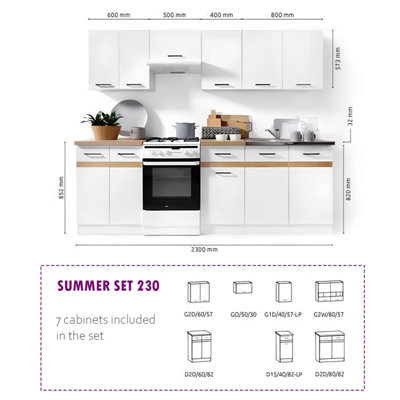 Summer 7 Unit Kitchen Cabinets Set 230cm - Bernstein Oak / White