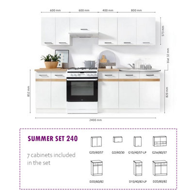 Summer 7 Unit Kitchen Cabinets Set 240cm - Chalk White Gloss