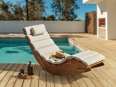 Sun Lounger with Cushion BRESCIA PREMIUM Acacia Wood Light Beige