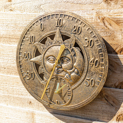 Sun And Moon Outdoor Garden Thermometer With Clock | Fasci Garden