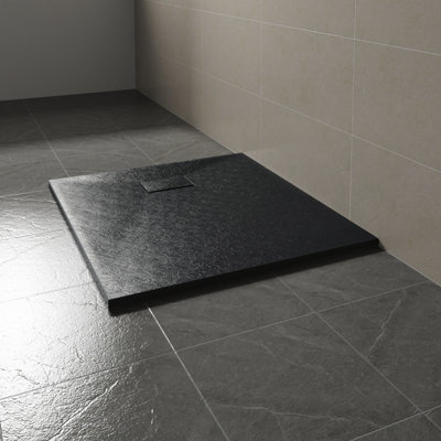 SunDaze 1000 x 900mm SMC Black Rectangle Slate Effect Bathroom Shower Tray