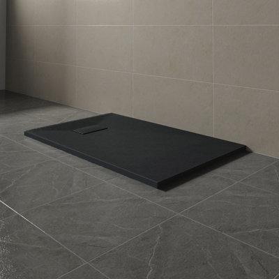 SunDaze 1100 x 700mm SMC Black Rectangle Slate Effect Bathroom Shower Tray