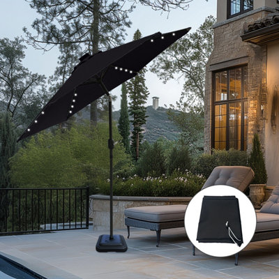 SunDaze 2.5M Black Garden Parasol Umbrella with Solar LED Lights Crank ...