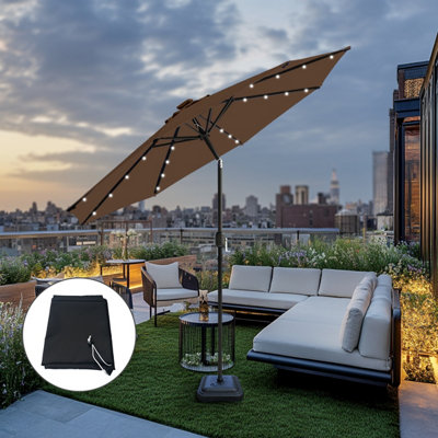 SunDaze 2.7M Coffee Garden Parasol Umbrella with Solar LED Lights Crank ...