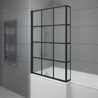 SunDaze 6mm Toughened Safety Glass L Shaped Black Grid Shower Bath ...