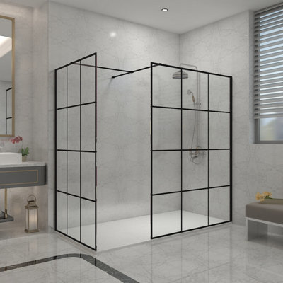 SunDaze Black Grid 8mm Walk In Shower Enclosure Wet Room Glass Screen 1200mm & 1000mm Panels ...