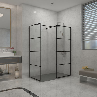 SunDaze Black Grid 8mm Walk In Shower Enclosure Wet Room Glass Screen 900mm & 800mm with ...