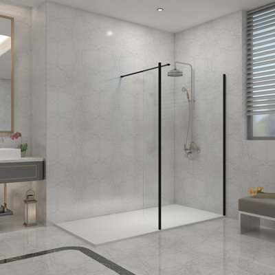 SunDaze Black Walk In Shower Enclosure Wet Room Glass 1100mm & 300mm Return Panel with ...