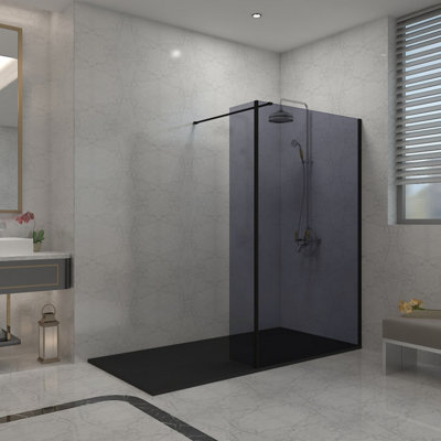 SunDaze Black Walk In Shower Enclosure Wet Room Grey Glass 1100mm ...