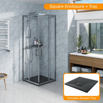 SunDaze Chrome 700x700mm Square Shower Enclosure Corner Entry Sliding ...
