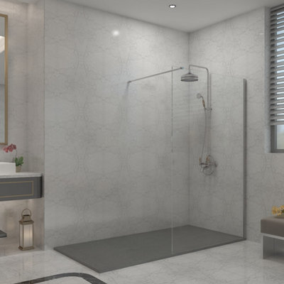 SunDaze Chrome 8mm Walk In Shower Enclosure Wet Room Glass Screen 1400mm Panel with 1700x1000mm ...