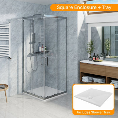 SunDaze Chrome 900 x 900mm Square Shower Enclosure Corner Entry Sliding ...