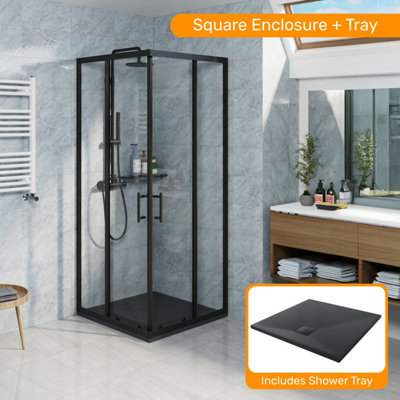 SunDaze Matt Black 800x800mm Square Shower Enclosure Corner Entry ...