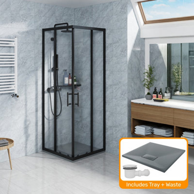 SunDaze Matte Black 700 x 700mm Square Sliding Door Shower Enclosure ...