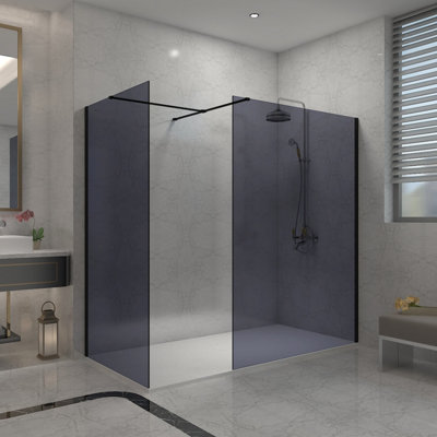 SunDaze Matte Black 8mm Walk In Shower Enclosure Wet Room Grey Glass Screen 1100mm & 900mm with ...