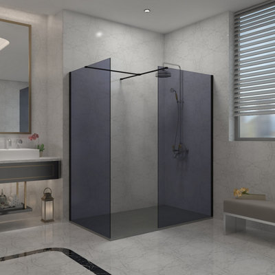SunDaze Matte Black 8mm Walk In Shower Enclosure Wetroom Grey Glass ...