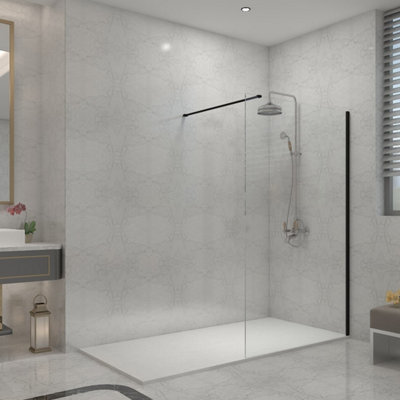 SunDaze Matte Black Walk In Shower Enclosure Wet Room (W)1100x(H)1950mm Glass Screen with ...
