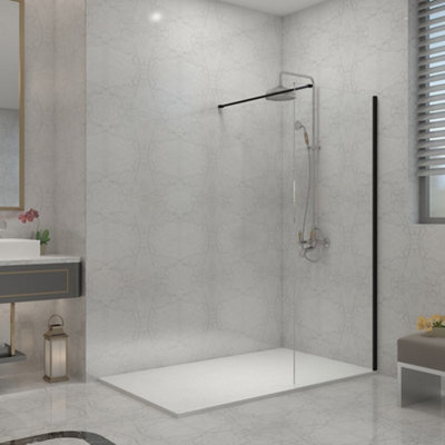 SunDaze Matte Black Walk In Shower Enclosure Wet Room (W)760x(H)1950mm Glass Screen with ...