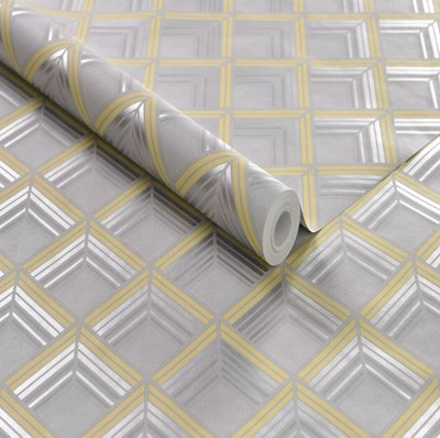 Super Fresco Trifina Geometric Yellow Grey Wallpaper By Graham Brown 104138