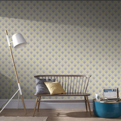 Super Fresco Trifina Geometric Yellow Grey Wallpaper By Graham Brown 104138