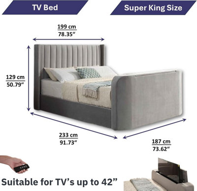 SUPER KING Size - Grey Velvet Ottoman TV Bed With Storage Smart Bed ...