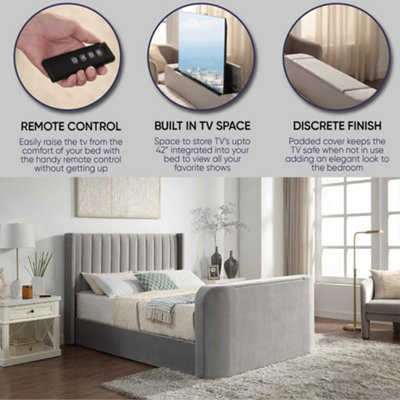 SUPER KING Size Grey Velvet Ottoman TV Bed With Storage Smart Bed With Remote Control TV