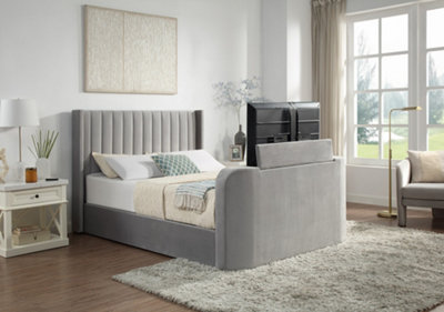 SUPER KING Size Grey Velvet Ottoman TV Bed With Storage Smart Bed With Remote Control TV