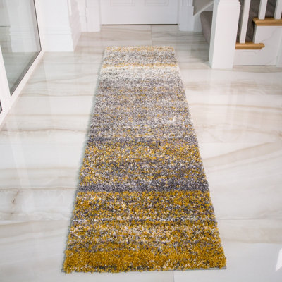 Super Soft Yellow Grey Mottled Striped Shaggy Runner Rug 60x240cm