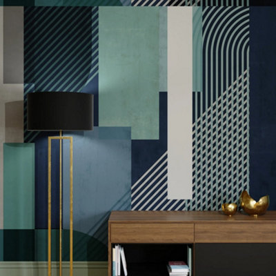 SUPERFRESCO EASY GRAPHIC NAVY GREEN PRINT TO ORDER FIXED SIZE MURAL
