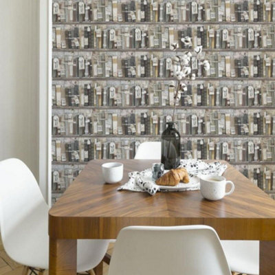 Superfresco Easy Vintage Bookcase Grey / Brown Wallpaper | DIY at B&Q