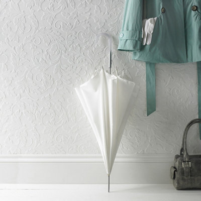 Superfresco Paintable Large Scrolling Leaf Textured White Durable Wallpaper