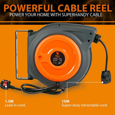 SuperHandy Cord Reel Retractable Extension Extra Long 15m (50ft) x 3G2 ...