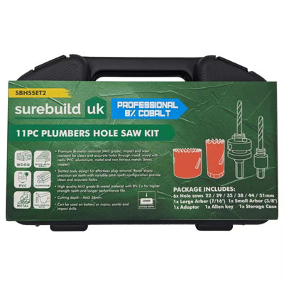 Surebuild SBHSSET2 Plumbers 11 Piece HSS Cobalt Bi-Metal 22-51mm ...