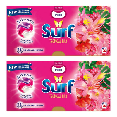 Surf 3 in 1 Laundry Washing Detergent Capsules Tropical Lily, 52 Washes ...