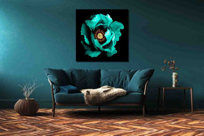 Surreal dark, chrome, cyan, peony flower (Canvas Print) / 20cm x 20cm