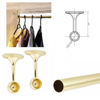 Suspended Round Wardrobe Rail Hanging Tube Pipe 700mm Polished Gold Set ...