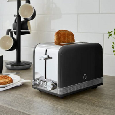 Swan 2 Slice Retro Toaster, Black, Defrost, Cancel and Reheat Functions ...