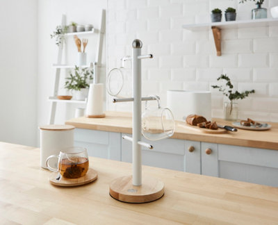 Swan Mug Tree with Wooden Base White