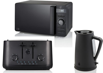 Swan Stealth Black Kitchen Set: Kettle, Toaster & Microwave