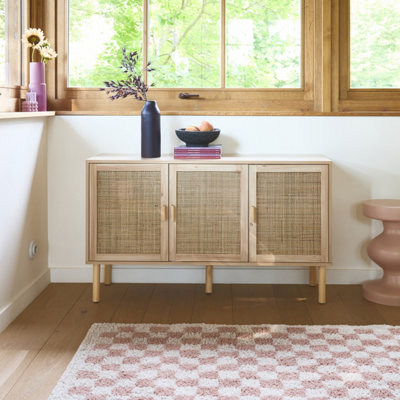sweeek - 120cm sideboard with wooden and woven effect with 3 doors ...