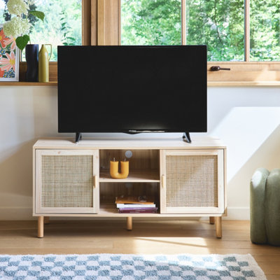 sweeek - 120cm TV unit wooden effect and cane 2 doors Camargue Natural ...