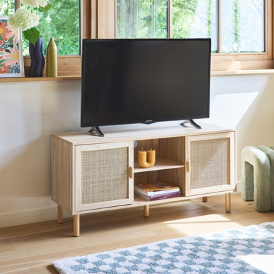 sweeek - 120cm TV unit wooden effect and cane 2 doors Camargue Natural ...