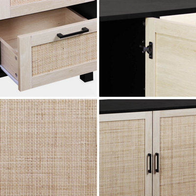 sweeek - 120cm wood and cane effect sideboard with 2 doors Bianca Black ...