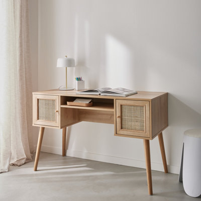 sweeek - 2-door desk with wood and cane effect Boheme Natural 120x55x76 ...